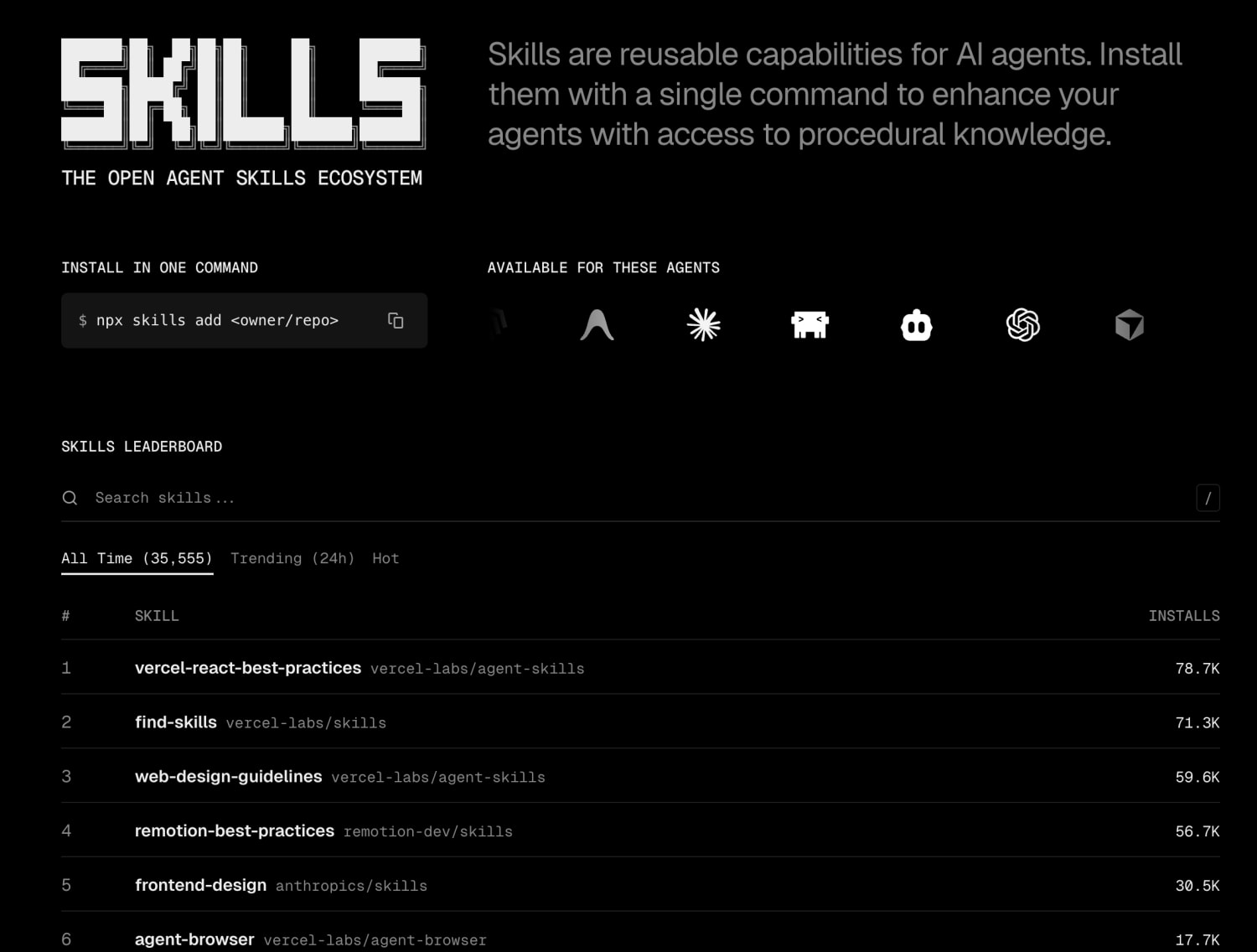 Skills.sh 官网：Vercel 开源 AI 智能体技能目录与包管理器